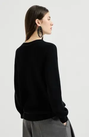 Brunello Cucinelli Cotton English Rib Sweater With Monili - Black