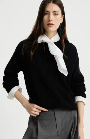 Brunello Cucinelli Cotton English Rib Sweater With Monili - Black