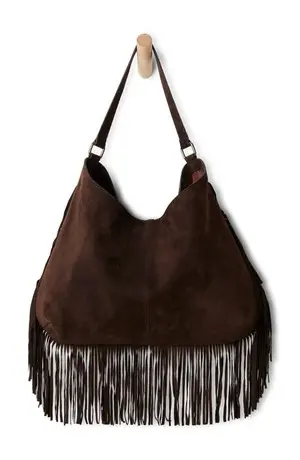 Free People Finn Fringe Leather Shoulder Bag - Espresso