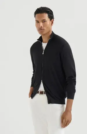 Brunello Cucinelli Cashmere And Silk Lightweight Cardigan With Zipper - Black