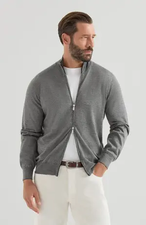 Brunello Cucinelli Cashmere And Silk Lightweight Cardigan With Zipper - Dark Grey