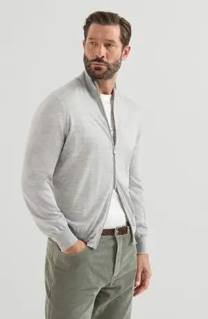 Brunello Cucinelli Cashmere And Silk Lightweight Cardigan With Zipper - Pebble