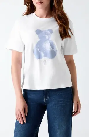 Guess Crystal Embellished Bear Logo Cotton T-shirt
