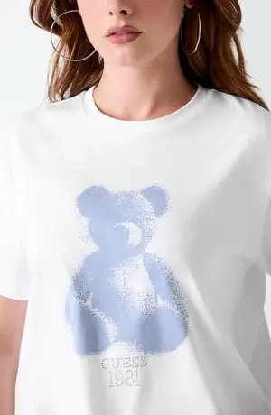 Guess Crystal Embellished Bear Logo Cotton T-shirt