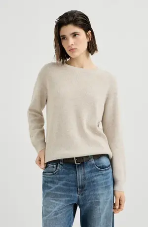 Brunello Cucinelli Cashmere English Rib Sweater With Monili - Oat