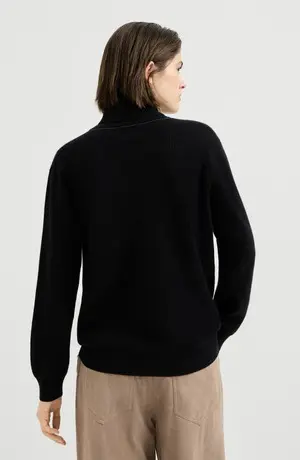 Brunello Cucinelli Cashmere English Rib Turtleneck Sweater With Monili - Black