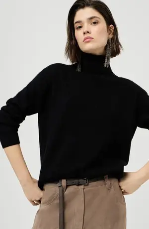 Brunello Cucinelli Cashmere English Rib Turtleneck Sweater With Monili - Black