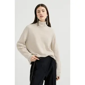 Brunello Cucinelli Cashmere English Rib Turtleneck Sweater With Monili - Oyster