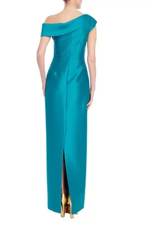 Badgley Mischka One-shoulder Satin Column Gown