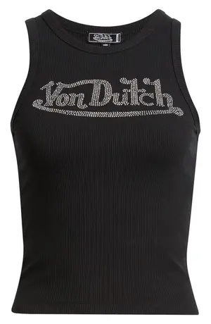 VON DUTCH Logo Rhinestone Rib Tank