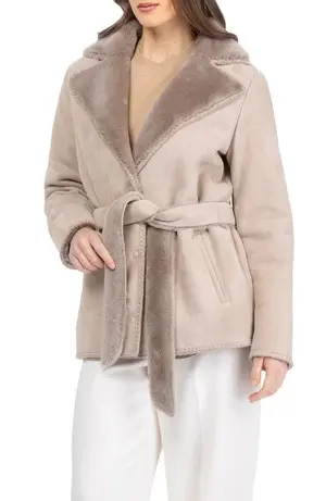 Gorski Genuine Shearling Belted Jacket With Whipstitch Trim - Taupe