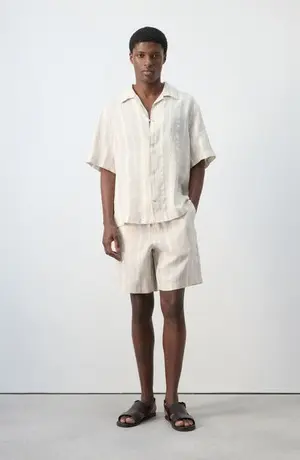 Mango Stripe Linen & Cotton Blend Bowling Shirt