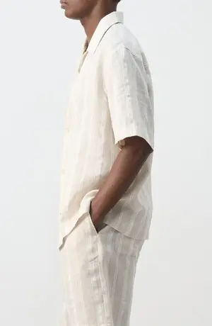 Mango Stripe Linen & Cotton Blend Bowling Shirt