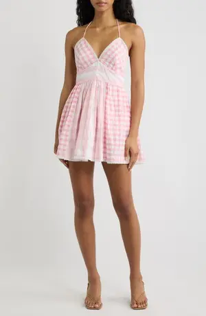 LoveShackFancy Arletta Gingham Halter Mini Dress - Watermelon Waves