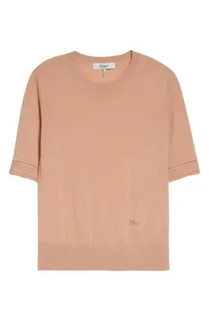 Chloé Lace Trim Short Sleeve Wool Sweater - Tender Peach
