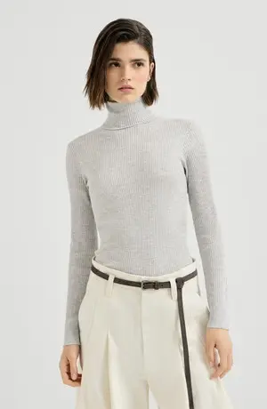 Brunello Cucinelli Ribbed Cashmere And Silk Blend Turtleneck Sweater - Light Grey