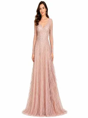 LARA NEW YORK Long Sleeve V-neck Lace Gown With Feathers