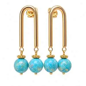 WAY TO CHIC Gold Plated Double Turquoise Jade Drop Earrings