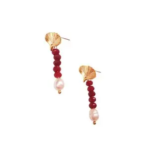 WAY TO CHIC Burgundy Jade Earrings With Gold Plated Leaf Studs And White Pearls - Red