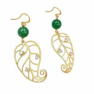 WAY TO CHIC Gold Plated Leaf Drop Earrings With Green Aventurine And Crystals - Gold/green