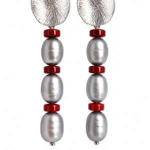 WAY TO CHIC Grey / Silver / Red Stud Earrings With Grey Freshwater Pearls & Red Coral - Grey/silver/red