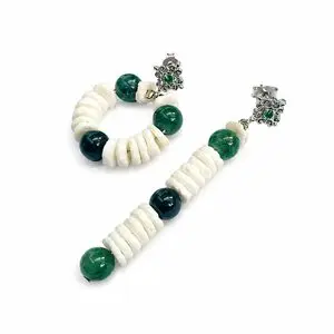 Way To Chic Asymmetrical Earrings With White Shell And Moss Agate - Silver/green/white