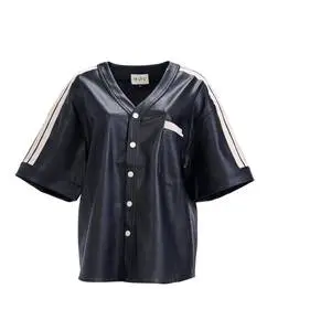 MOV Oversized Over-shirt Short-sleeve Vegan Leather With Side Stripe Detail - Black