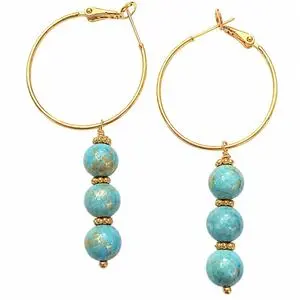 WAY TO CHIC Gold Plated Hoop Earrings With Turquoise Jade Beads - Blue/gold