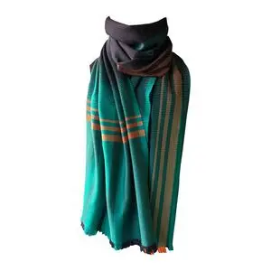 ESSIEN & EMRE Blue / Green / Orange Checked And Stripe Merino Scarf - Blue/green/orange