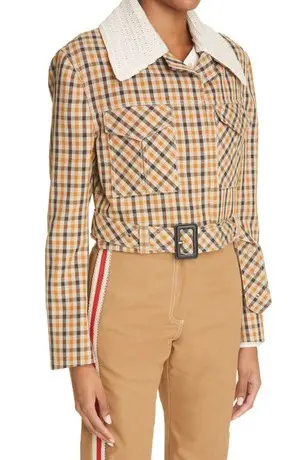 WALES BONNER Kalimba Plaid Crochet Collar Crop Jacket