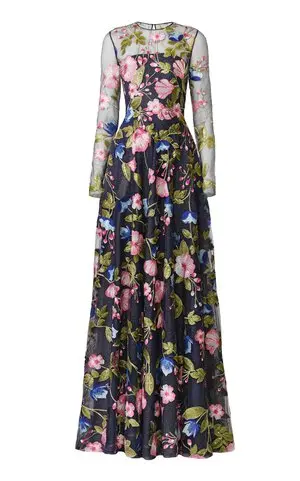 Naeem Khan Sequin Floral Lace Long Sleeve Gown - Blue