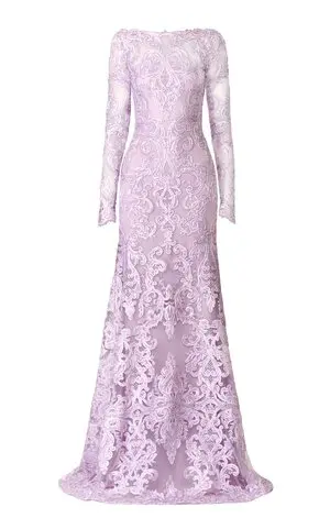 Naeem Khan Ribbon Lace Boatneck Long Sleeves Fit-and-flare Gown - Purple