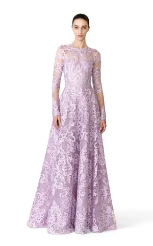 Naeem Khan Ribbon Lace Long Sleeve Gown