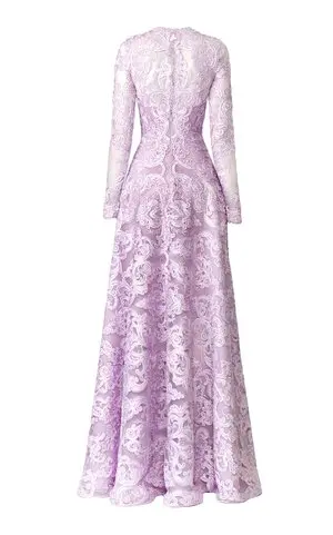 Naeem Khan Ribbon Lace Long Sleeve Gown