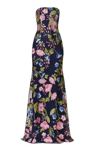 Naeem Khan Sequin Floral Lace Bustier Strapless Fit-and-flare Gown - Blue