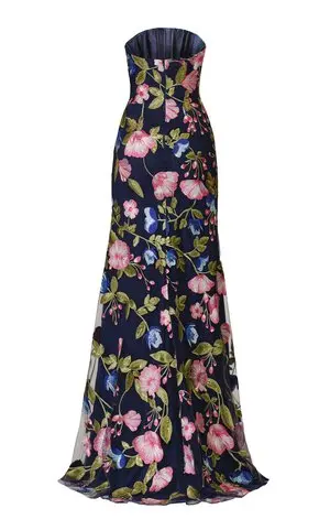 Naeem Khan Sequin Floral Lace Strapless Gown