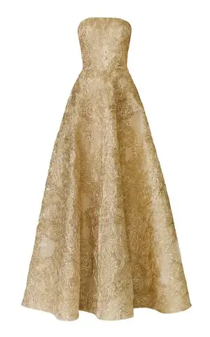 Naeem Khan Metallic Raffia Bustier Strapless Gown - Gold