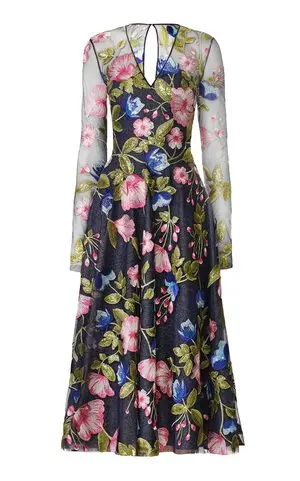 Naeem Khan Sequin Floral Lace V-neck Long Sleeve Cocktail Dress - Blue