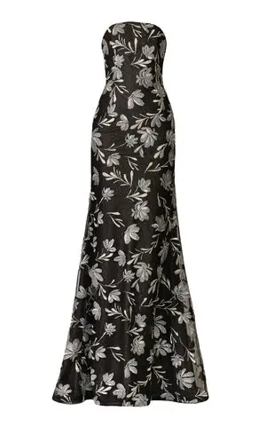 Naeem Khan Metallic Floral Raffia Bustier Strapless Fit-and-flare Gown - Black