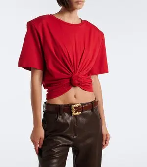 Magda Butrym Cropped Cotton-blend Jersey T-shirt With Knot Detail - Red