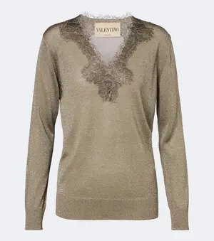 Valentino Garavani Lace-trimmed Metallic Sweater - Gold