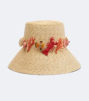 AQUAZZURA Embellished Raffia Bucket Hat - Beige