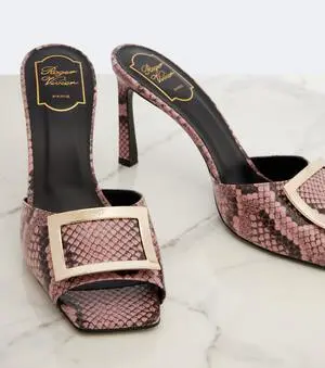 ROGER VIVIER Trompette Snake-print Leather Mules - Pink