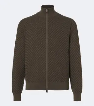 Brioni Jacquard Cotton, Silk, And Cashmere Zip-up Sweater - Brown