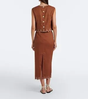 Veronica Beard Malou Embroidered Linen Midi Skirt - Brown