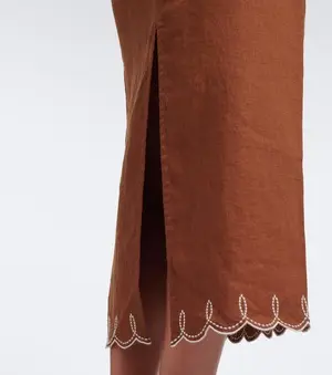 Veronica Beard Malou Embroidered Linen Midi Skirt - Brown
