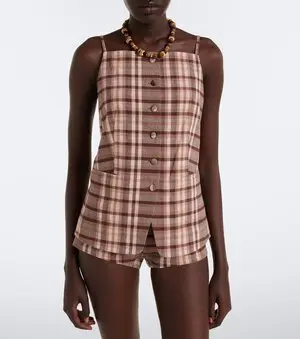Staud Una Plaid Linen-blend Top - Brown
