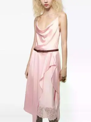 Acne Studios Shiny Satin Slip Dress With Ruffled Slit And Lace Underlayer