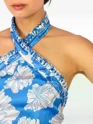 Poupette St Barth Halterneck Floral Print Cropped Top - Blue