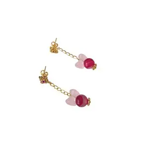 WAY TO CHIC Plated Earrings With Pink Zirconia, Rose Quartz Bow And Pink Lace Agate Beads - Gold